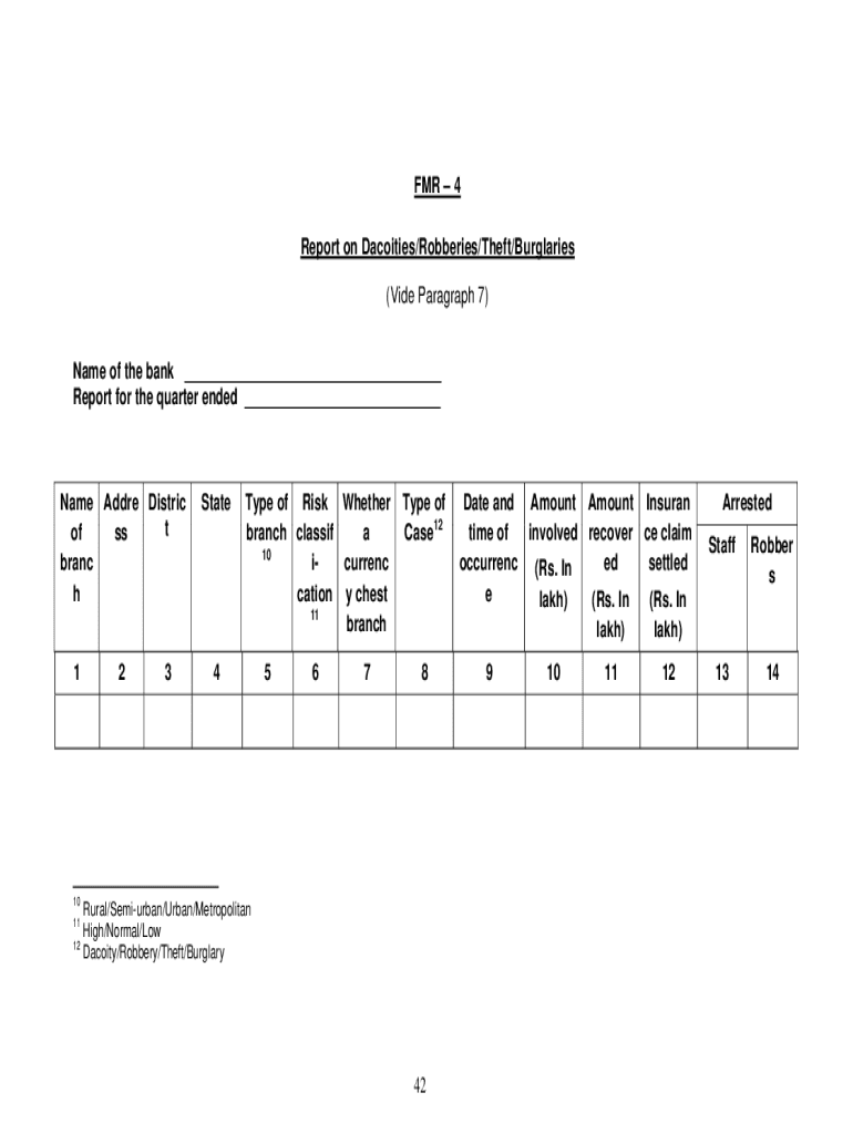 Fillable Online FMR4 Report on Dacoities/Robberies/Theft/Burglaries ...