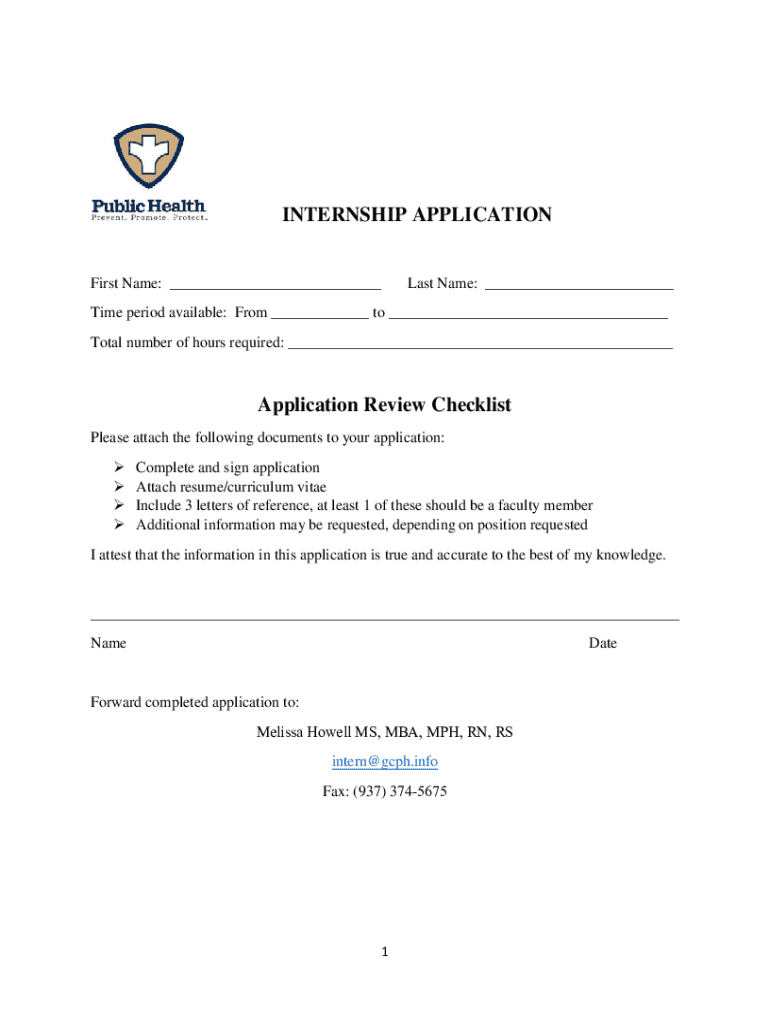 Fillable Online INTERNSHIP APPLICATION Application Review Checklist Fax ...