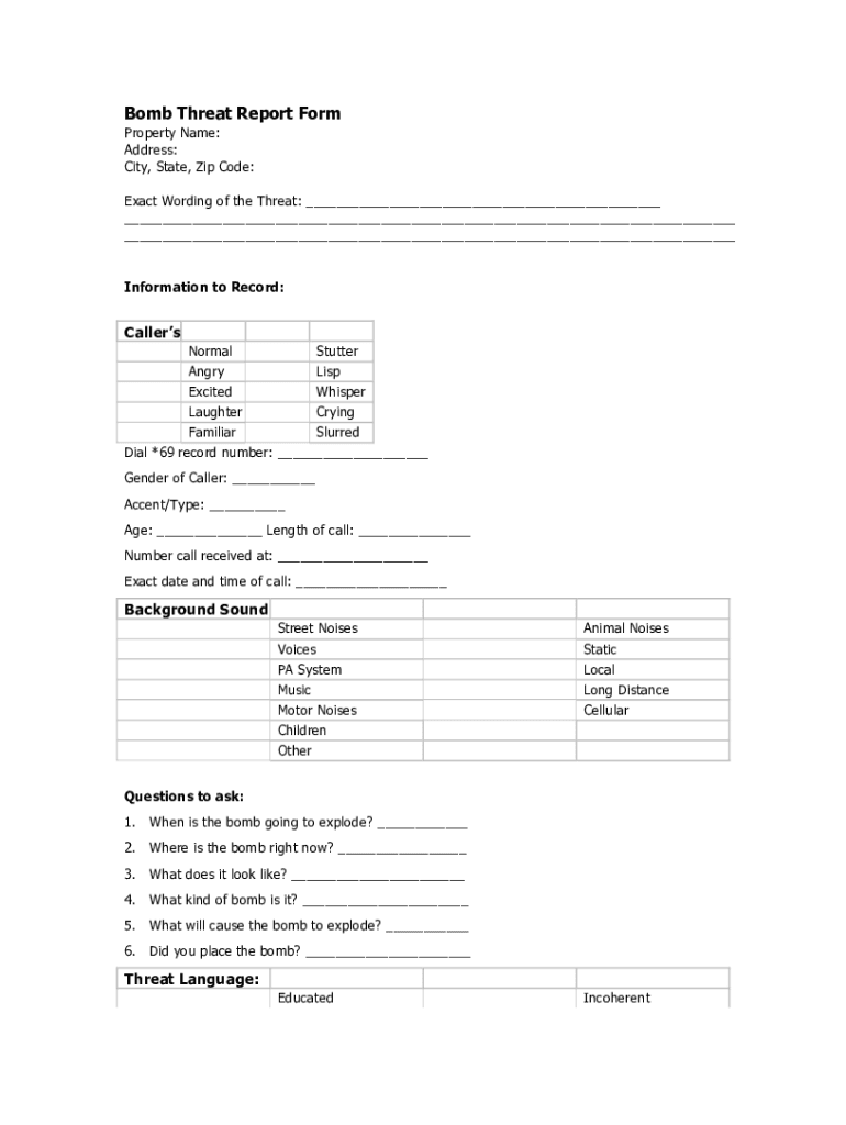 Fillable Online Fillable Online oneamericancenter Bomb Threat Report ...