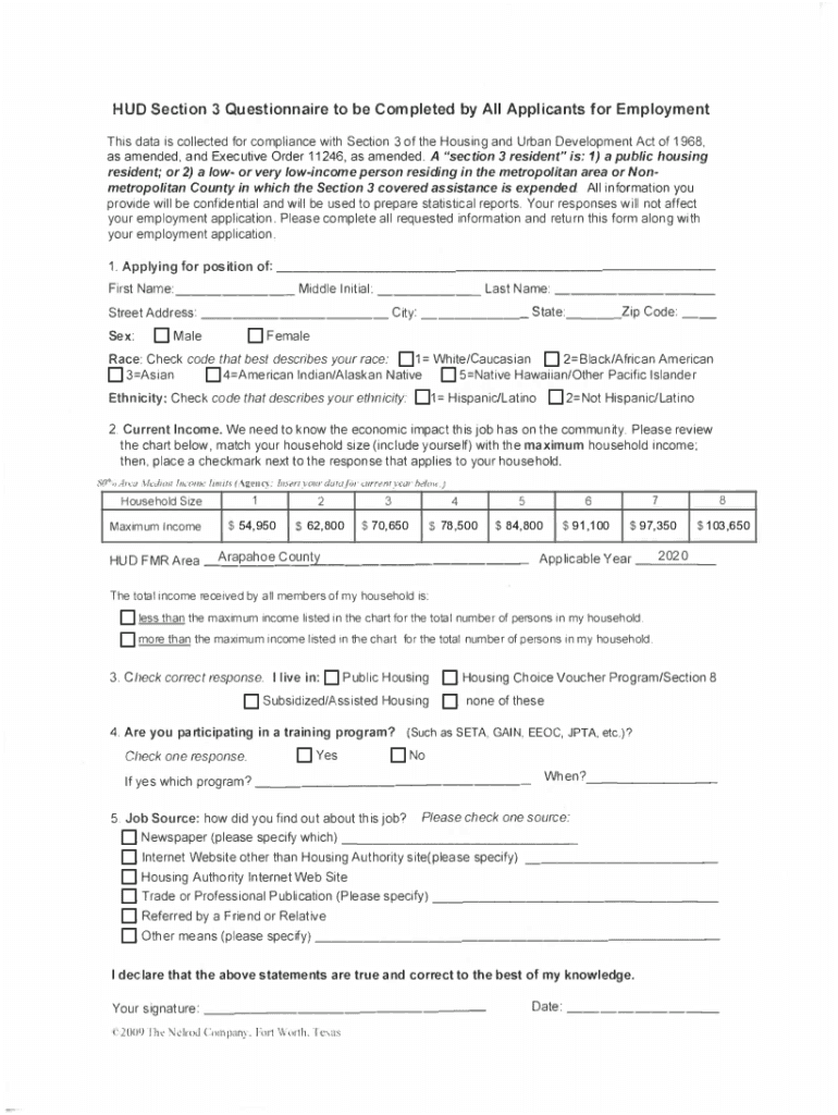 Fillable Online HUD Section 3 Questionnaire to be Completed by All ...