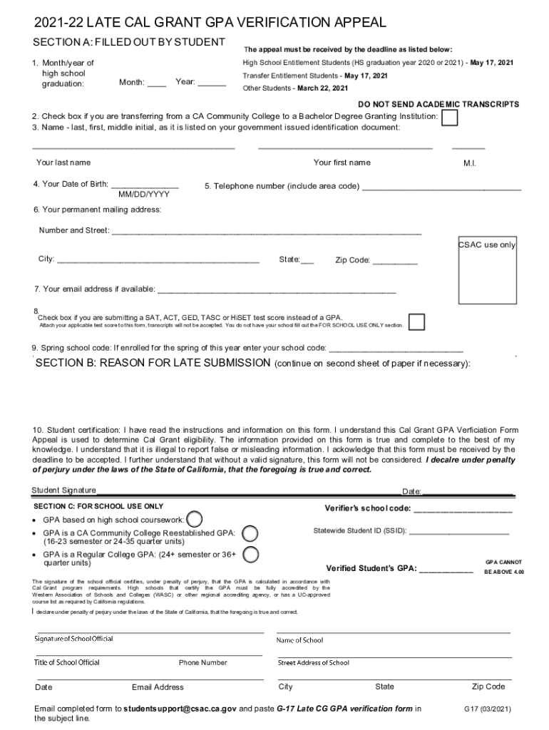 Fillable Online Late Cal Grant GPA Verification Form Fax Email Print ...
