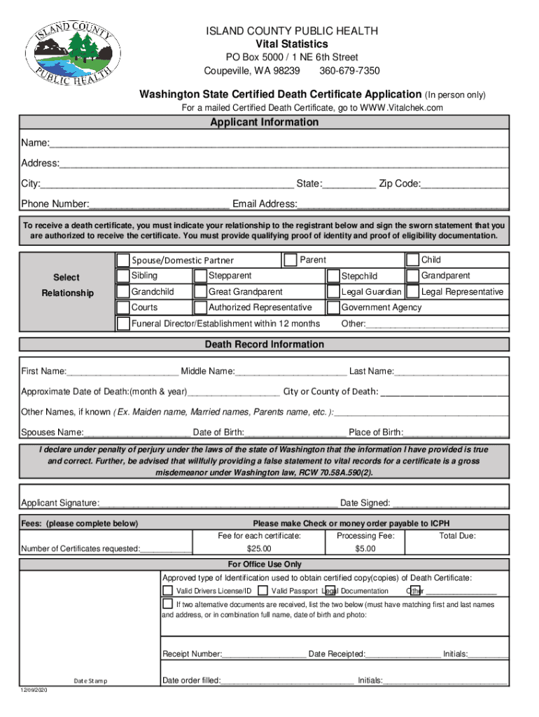 Fillable Online Washington State Certified Death Certificate Application (In person ... Fax ...