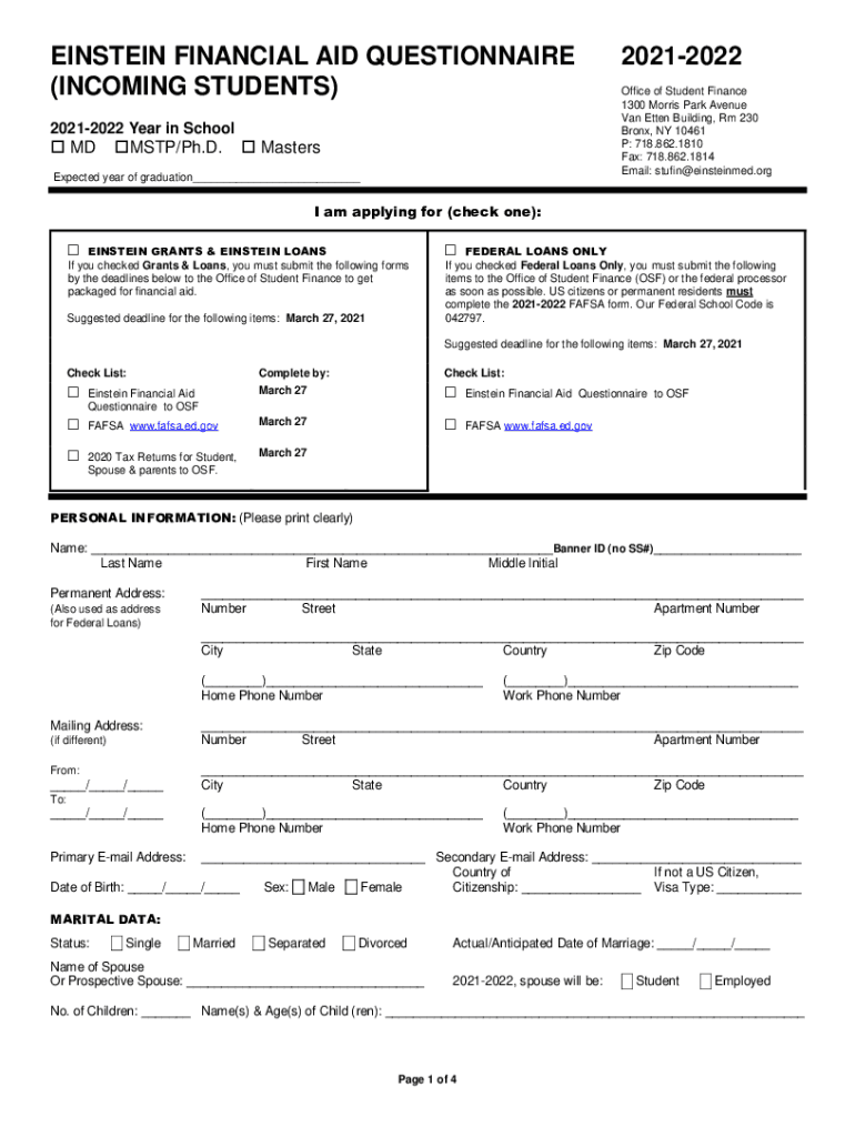 Fillable Online 2018-2019 Financial Aid Questionnaire (Incoming ...