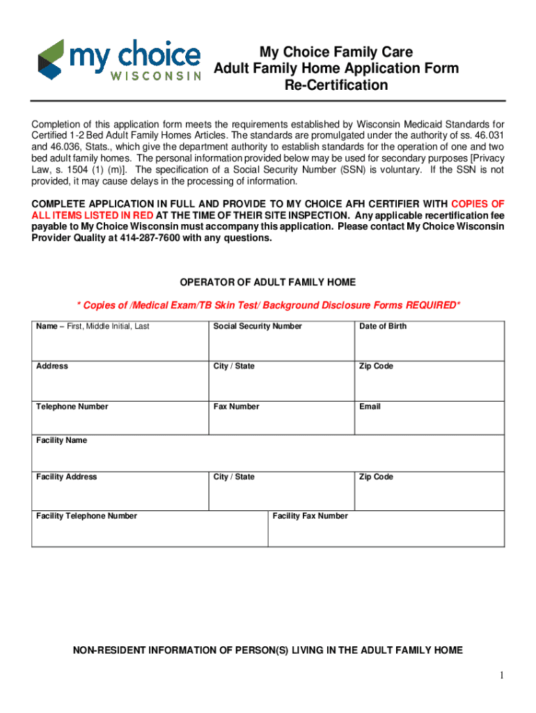 Fillable Online My Choice Family Care Adult Family Home Application ...