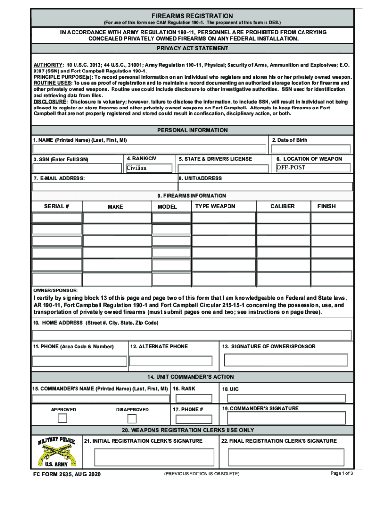 Fillable Online CAM Regulation 190-1 DEPARTMENT OF THE ARMY FORT ...
