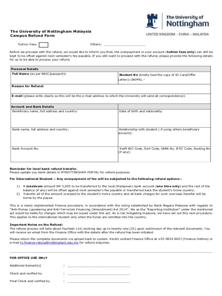 Fillable Online The University of Nottingham Malaysia Campus Refund ...