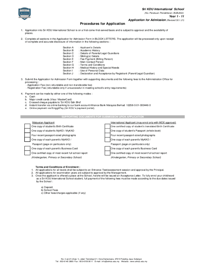 Fillable Online Sri KDU International School Year 1 - 11 Application ...