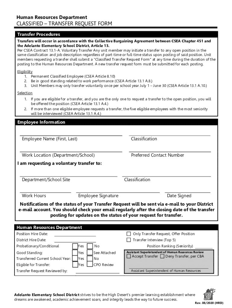 Fillable Online Human Resources Department CERTIFICATED TRANSFER ...