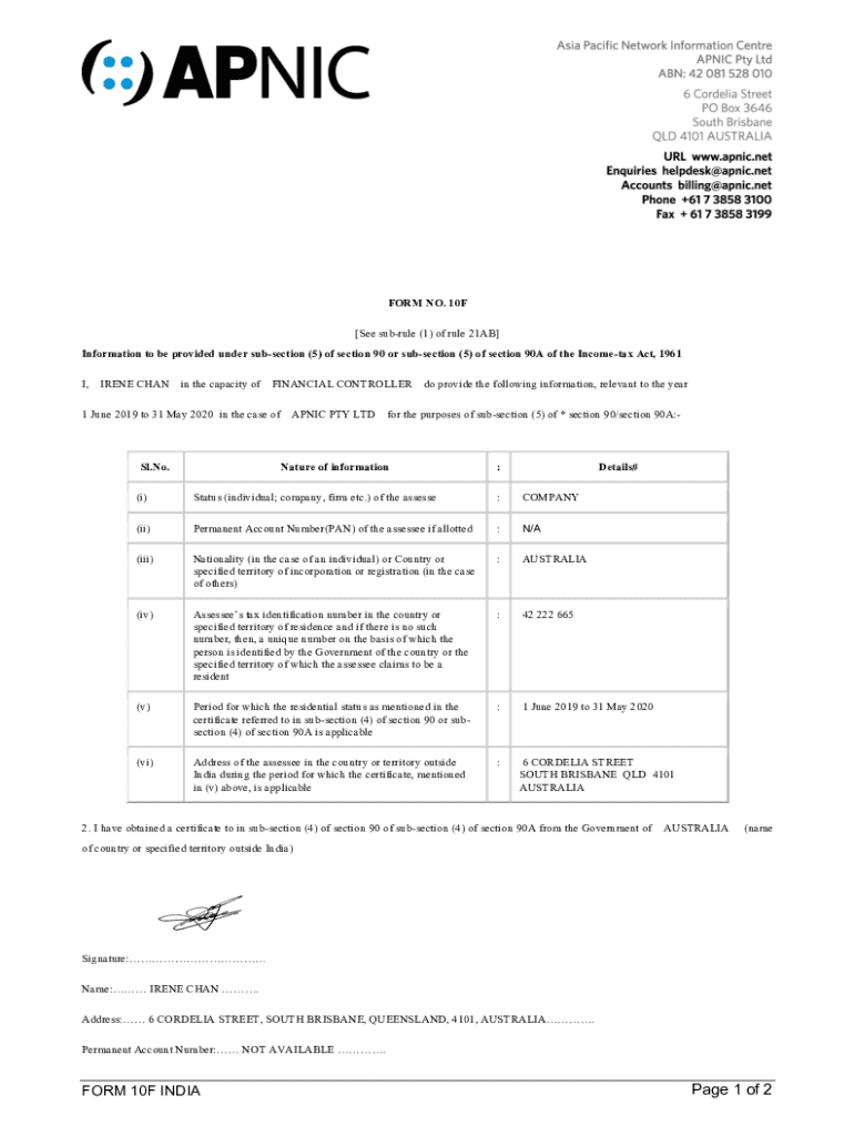 Fillable Online Form No. 10F See sub-rule (1) of rule 21AB Information ...