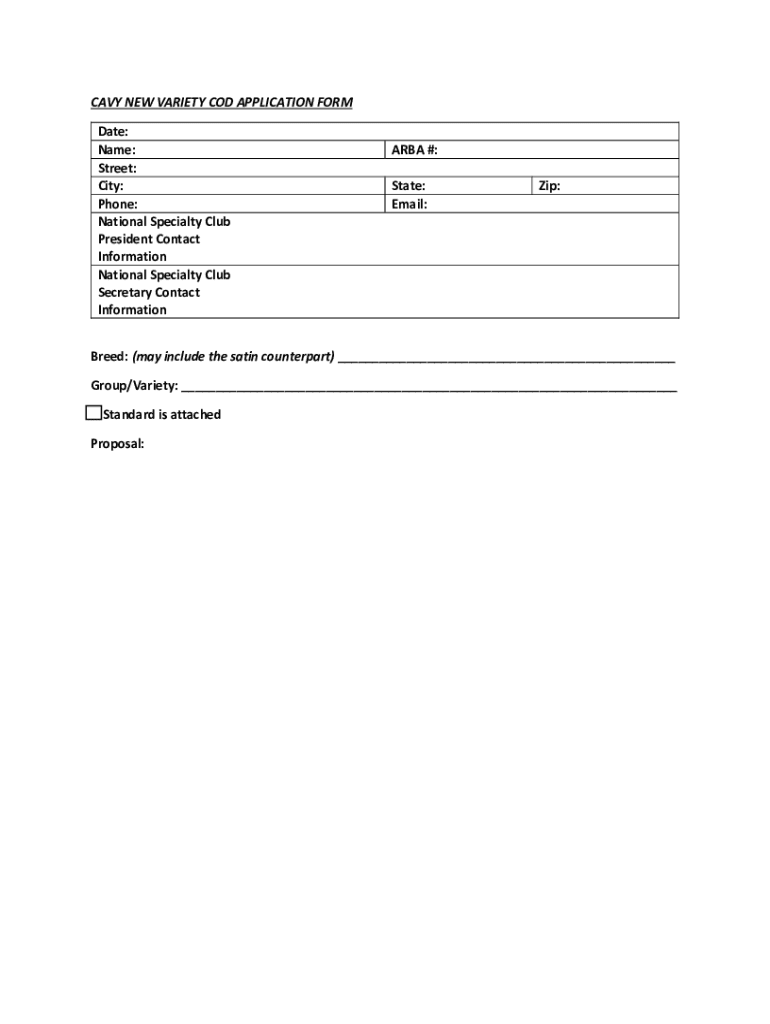 Fillable Online CAVY NEW VARIETY COD APPLICATION FORM Fax Email Print ...