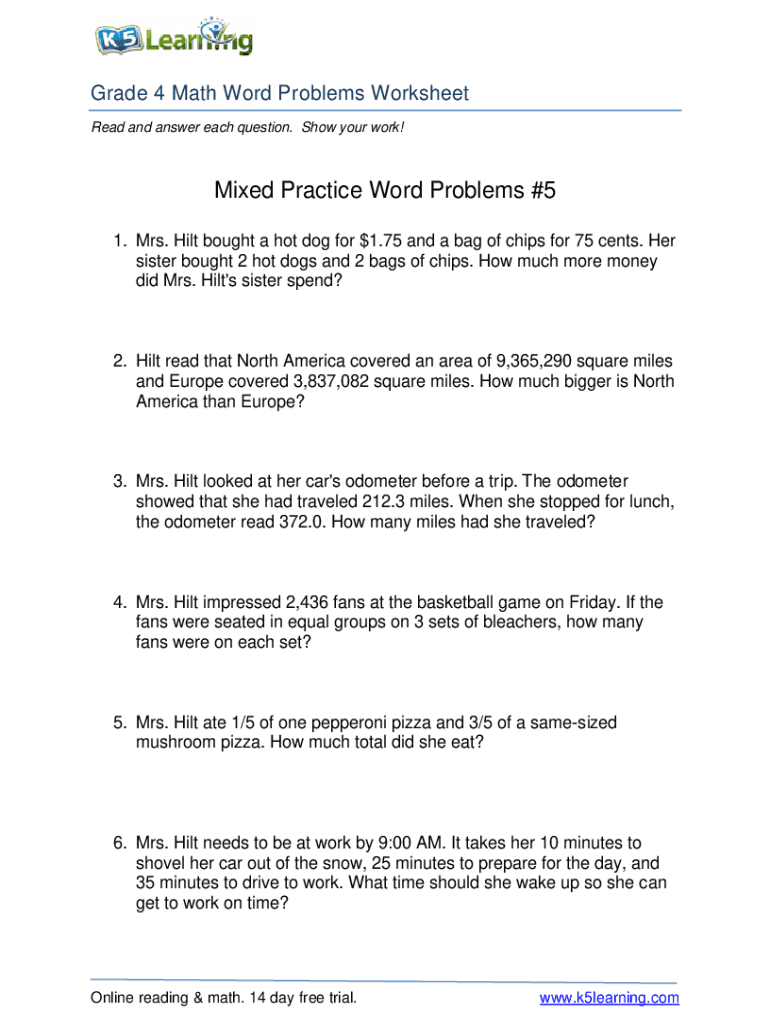 Fillable Online Fillable Online Math Word Problem Worksheet - Grade 4 ...