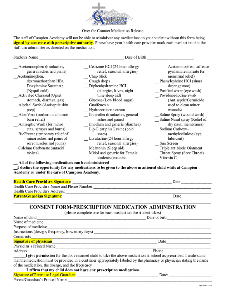 Fillable Online CONSENT FORM-PRESCRIPTION MEDICATION ADMINISTRATION ...