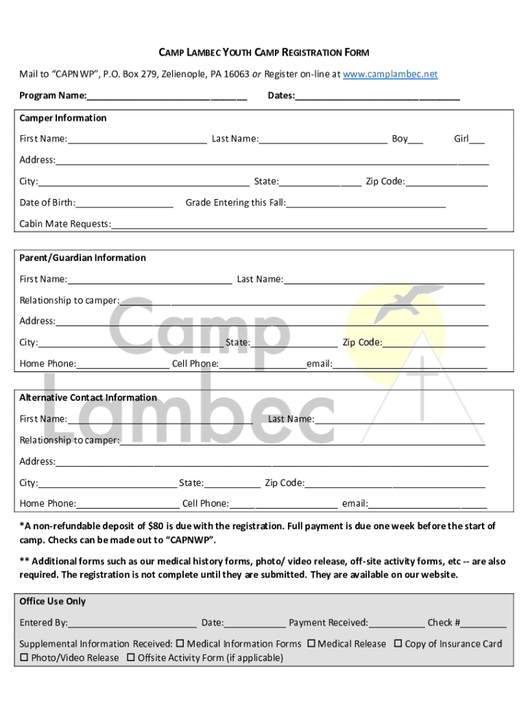 Fillable Online FREE 13+ Sample Camp Registration Forms in PDF Excel ...