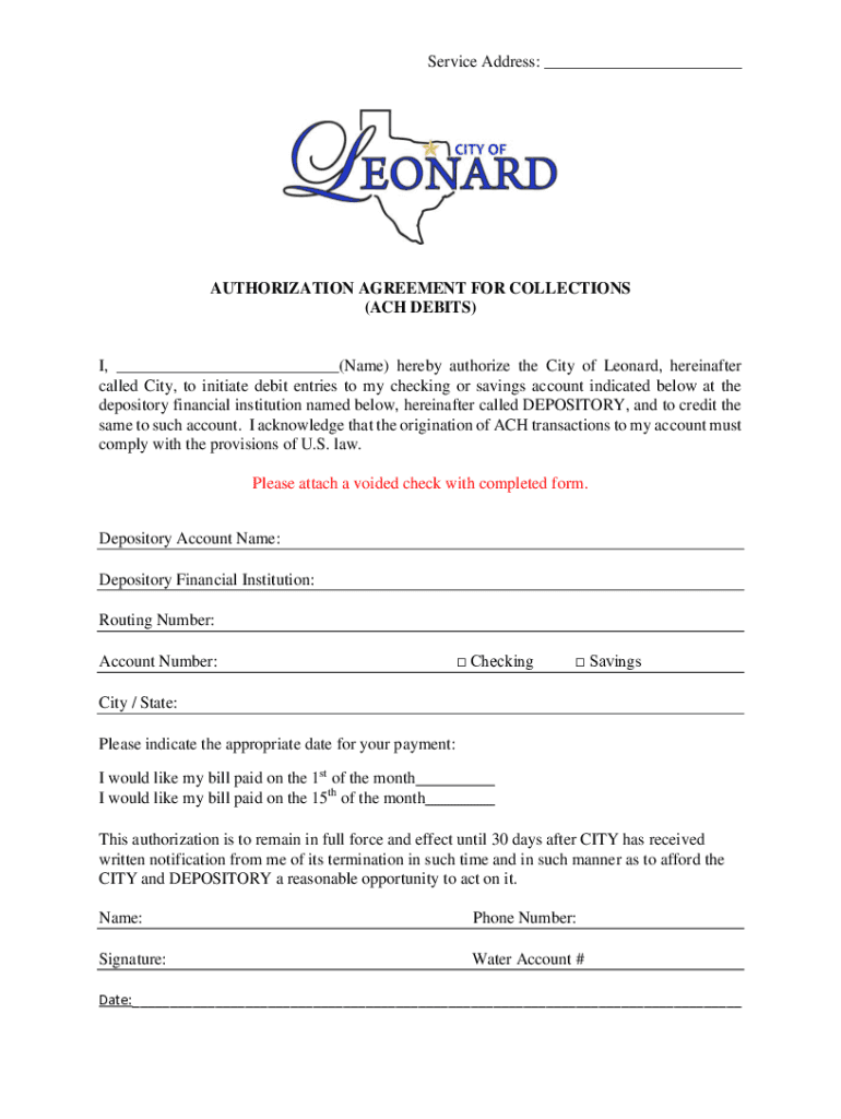 Fillable Online AUTHORIZATION AGREEMENT FOR COLLECTIONS (ACH DEBITS ...