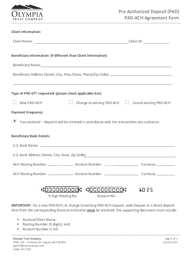 Fillable Online Pre-Authorized Deposit (PAD) PAD-EFT Agreement Form Fax ...
