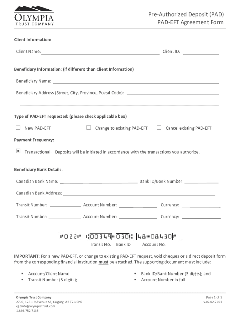 Fillable Online Pre-Authorized Deposit (PAD) PAD-ACH Agreement Form Fax ...