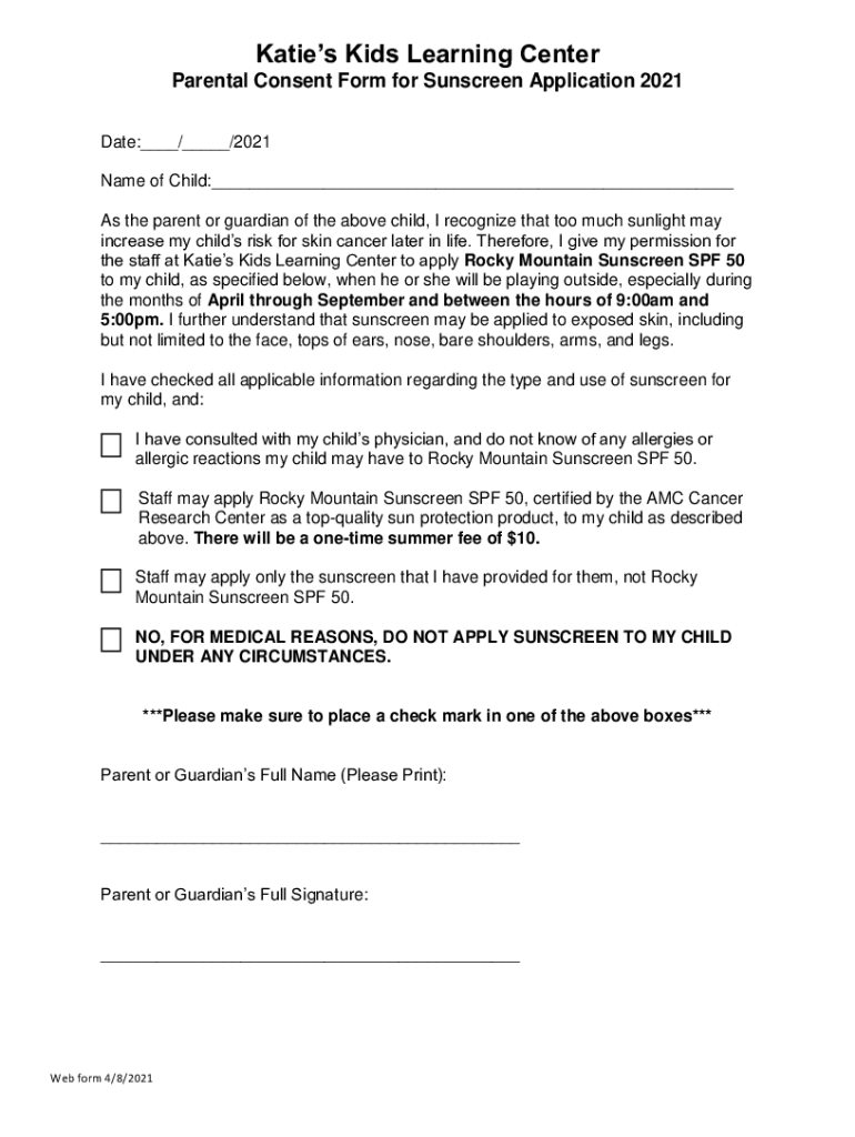 Fillable Online Parental Consent Form for Sunscreen Application 2021 ...