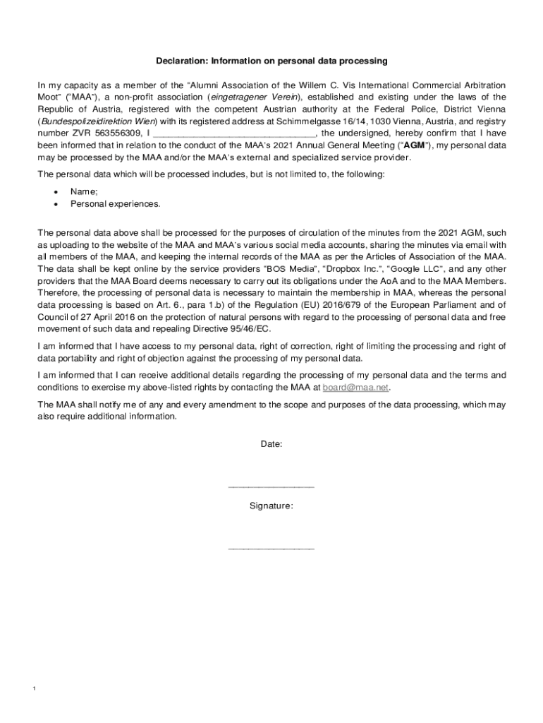 Fillable Online Declaration: Information on personal data processing ...