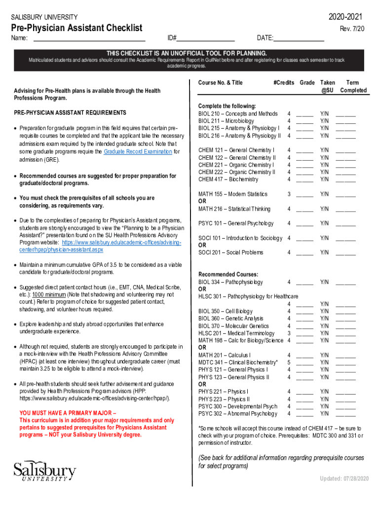Fillable Online Pre-Physician Assistant Checklist. Pre-Physician ...