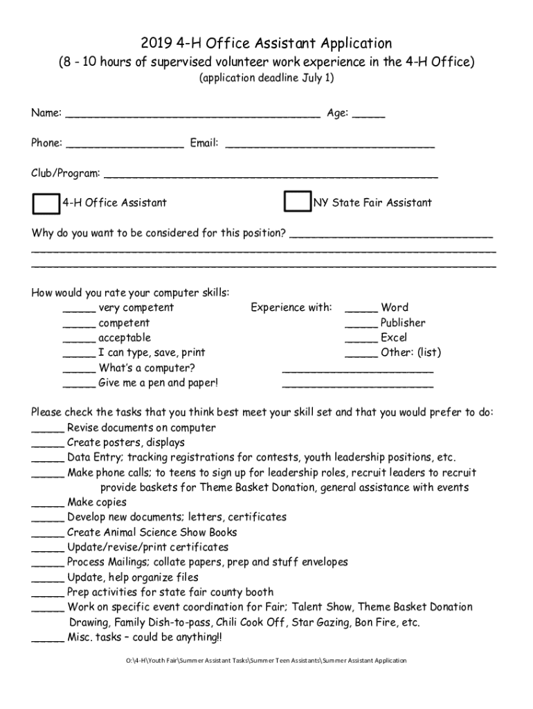 Fillable Online 2019 4-H Office Assistant Application Fax Email Print ...