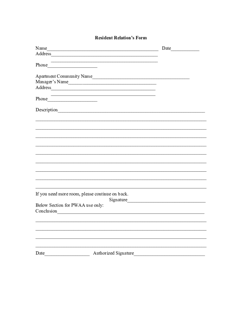 Fillable Online Resident Relations Form Fax Email Print - pdfFiller