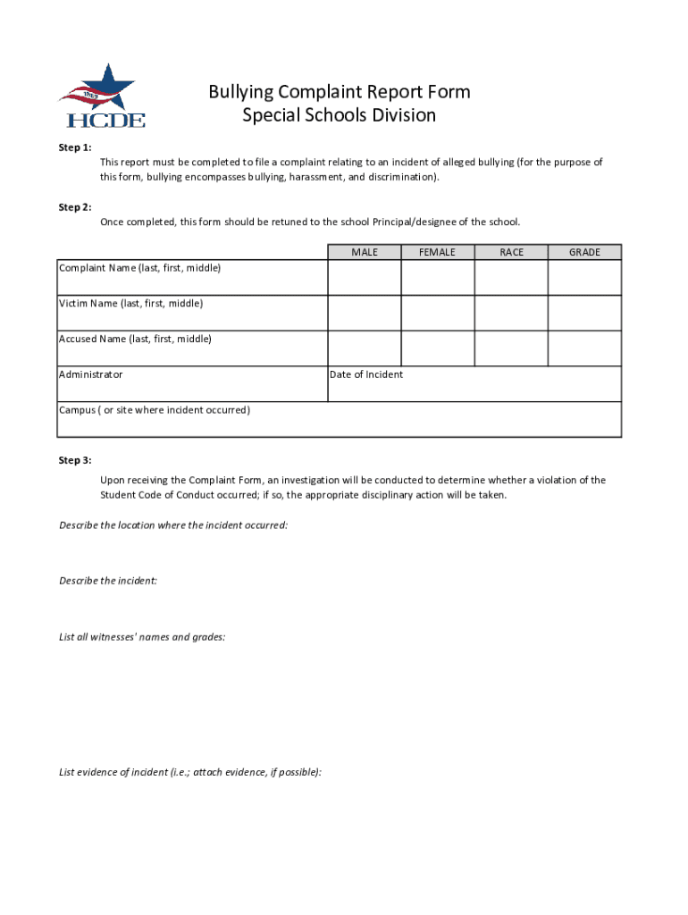 Fillable Online HCDE Bullying Complaint Form Fax Email Print - pdfFiller