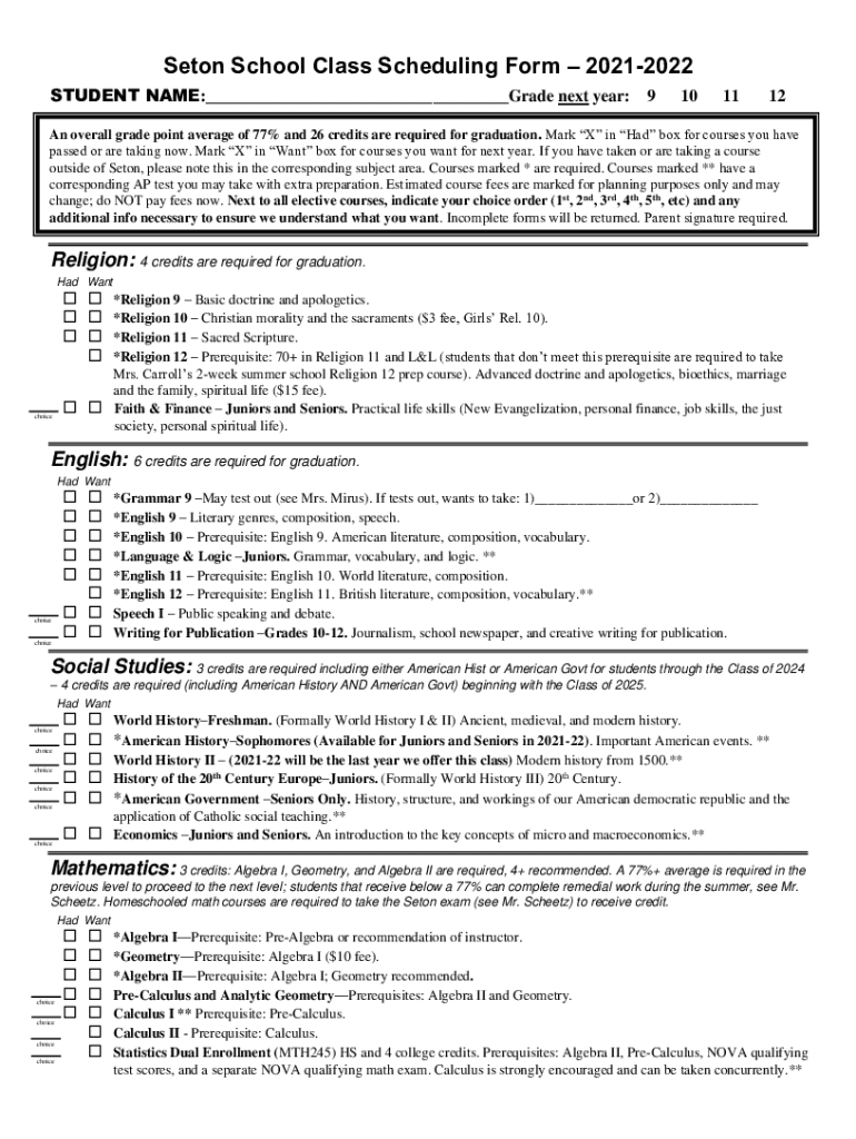 Fillable Online Seton School 7 Grade Class Scheduling Form 2021-2022 ...