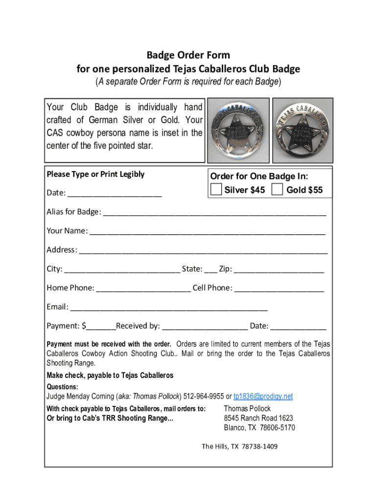 Fillable Online Badge Order Form for one personalized Tejas Caballeros Club Badge Fax Email ...