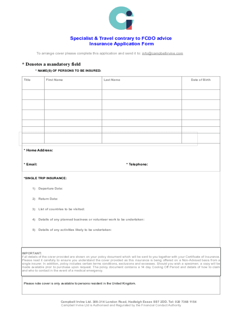 Fillable Online Insurance Application Form - Travel against FCDO advice ...