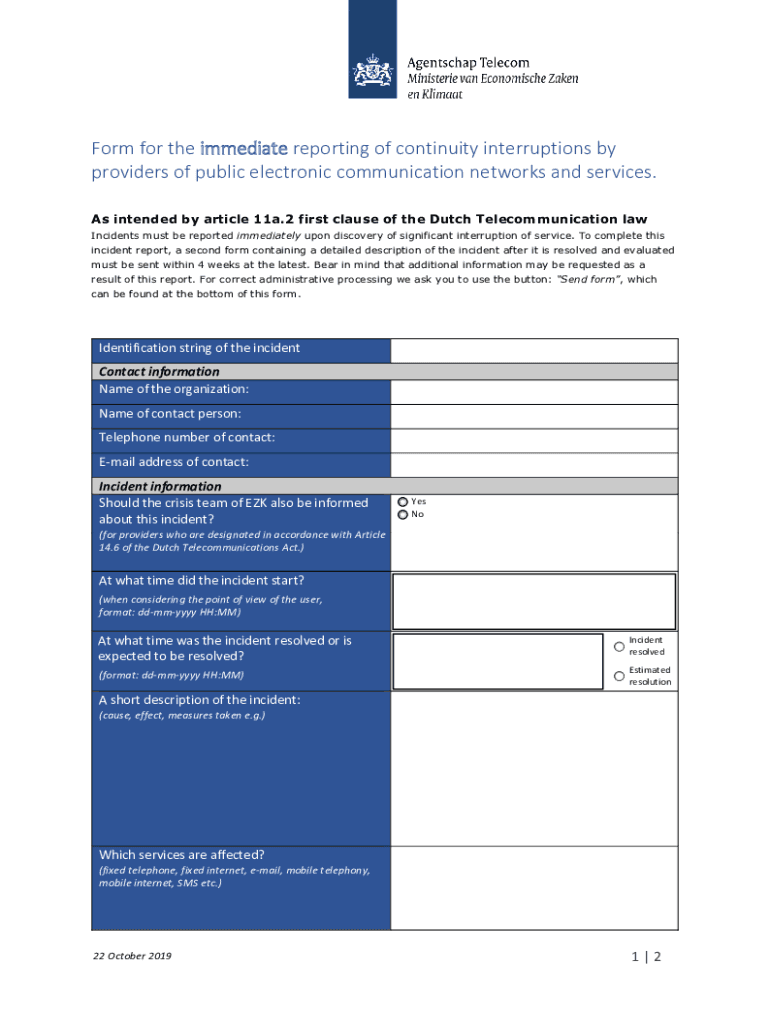 Fillable Online Form for the immediate reporting of continuity ...