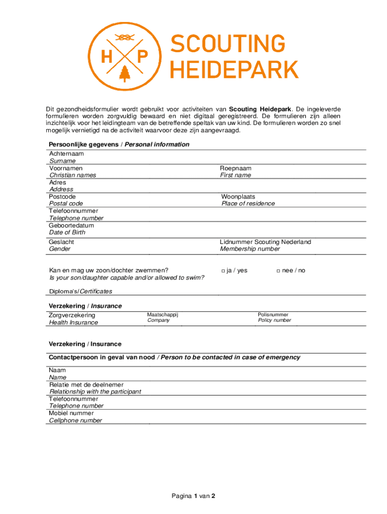 Fillable Online Gezondheidsformulier / Health form - Scouting De Lier ...