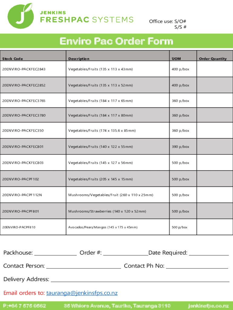 Fillable Online Enviro Pac Order Form - jenkinsfps.co.nz Fax Email ...