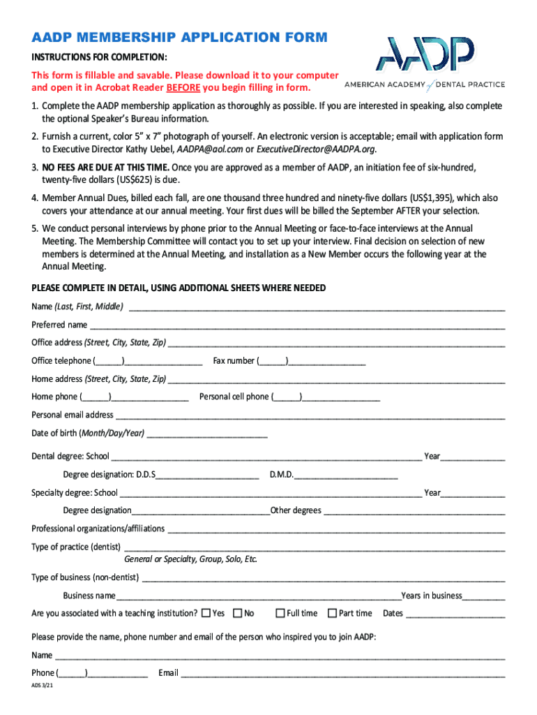Fillable Online AADP MEMBERSHIP APPLICATION FORM Fax Email Print ...