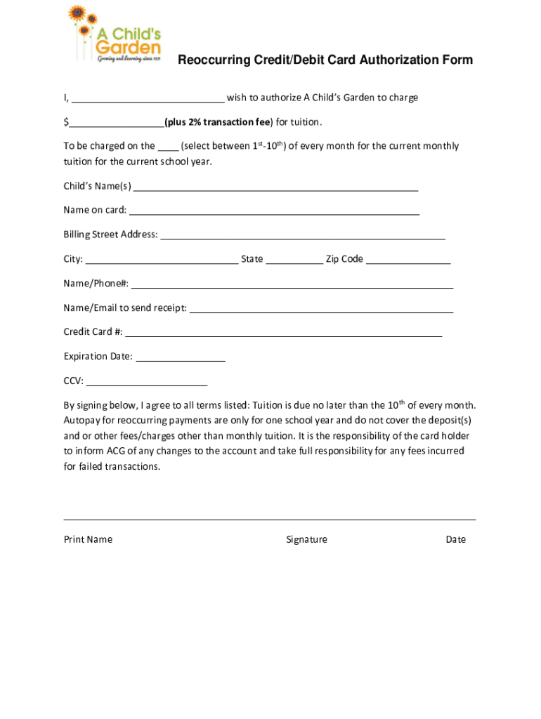 Fillable Online Reoccurring Credit/Debit Card Authorization Form Fax ...