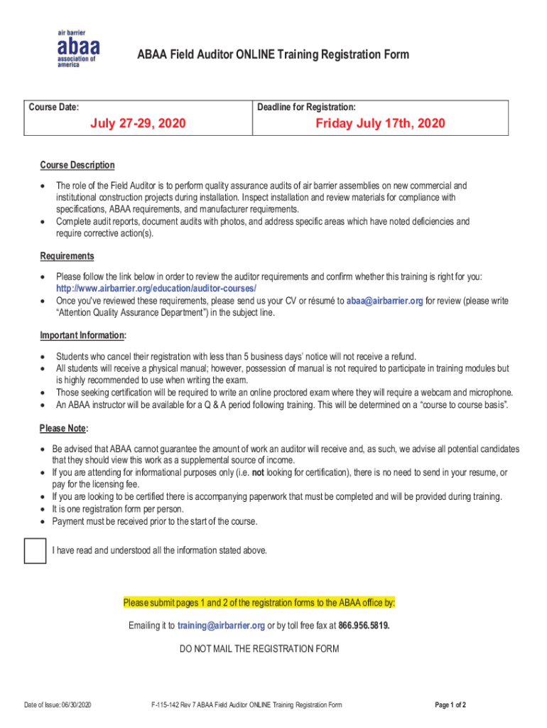 Fillable Online F-115-142 rev 7 ABAA Field Auditor ONLINE Training ...
