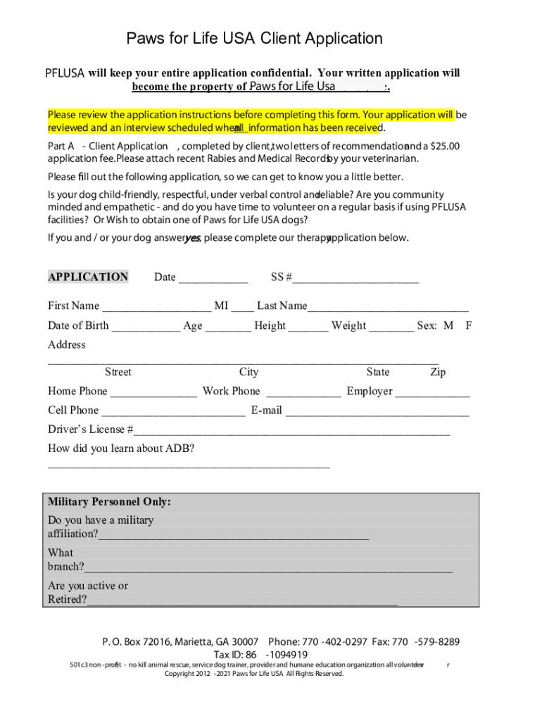 Fillable Online Service Dog Application Part A - Paws for Life USA Fax ...