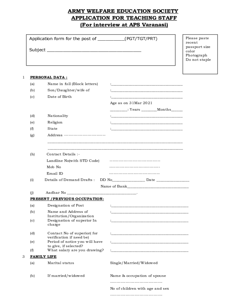 Fillable Online ARMY WELFARE EDUCATION SOCIETY APPLICATION ... - APS ...