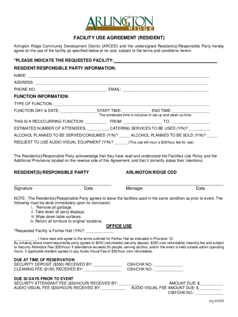 Fillable Online FACILITY USE AGREEMENT (RESIDENT) - Arlington Ridge CDD Fax Email Print - pdfFiller
