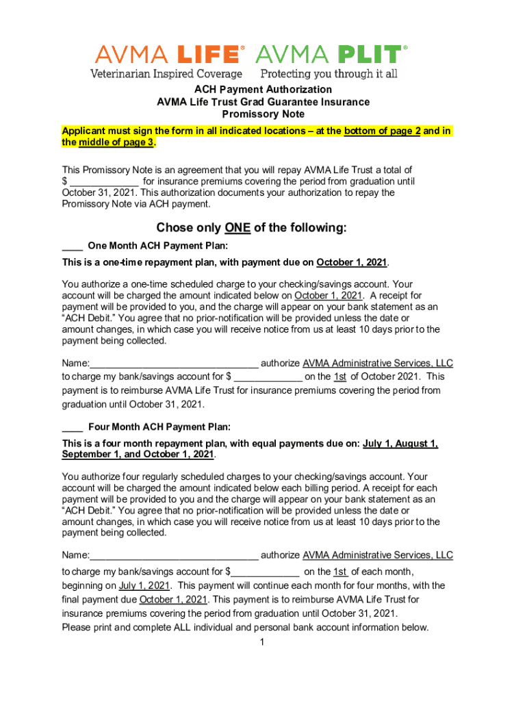 Fillable Online AVMA LIFEProm Note ACH Payment Authorization Form Fax ...