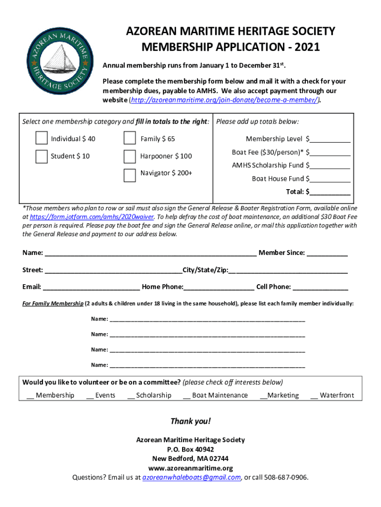 Fillable Online AMHS MEMBERSHIP APPLICATION FORM 2021Jan'21 Fax Email ...