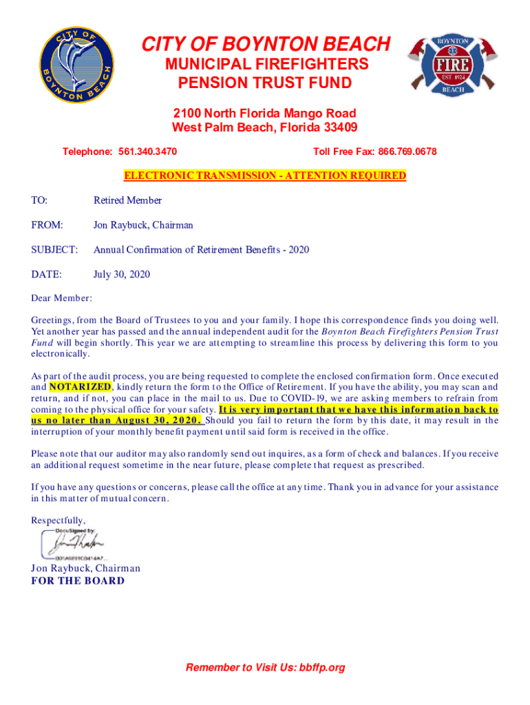 Fillable Online 2020 annual confirmation of retirement to members 07-30 ...