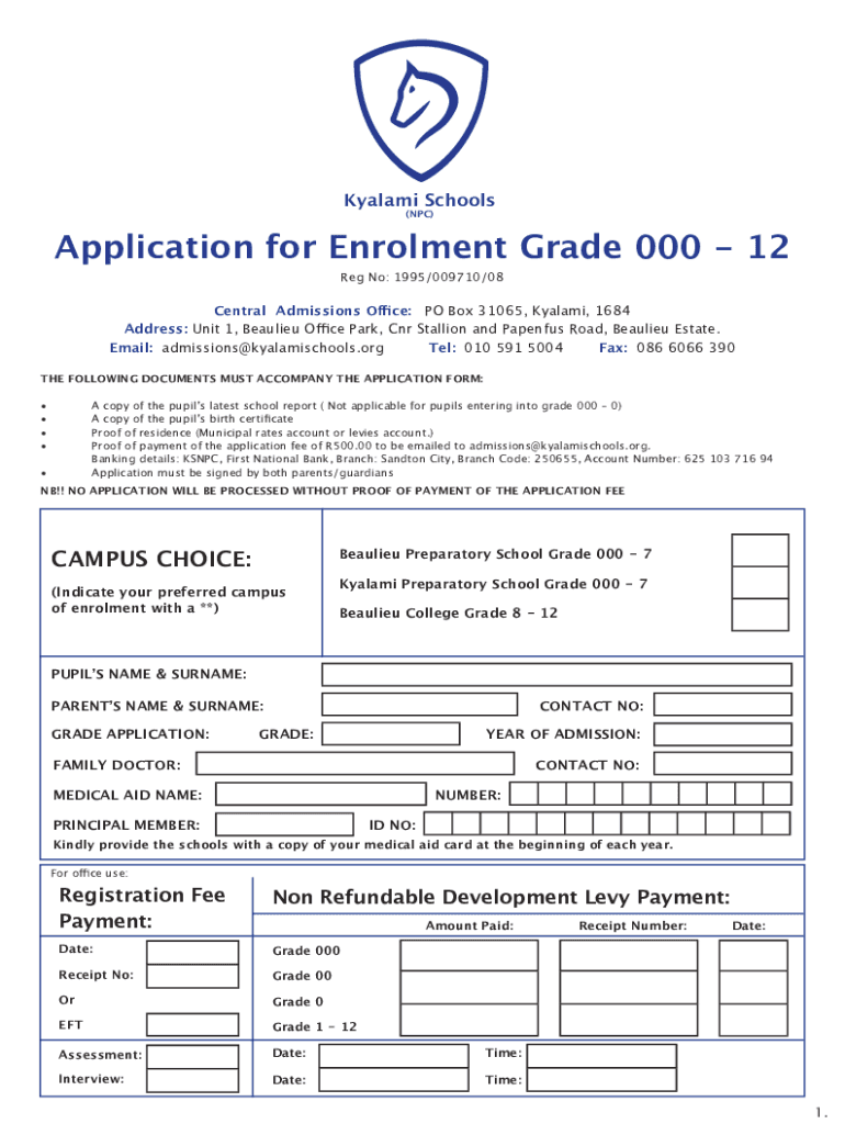 Fillable Online Kyalami Schools (NPC) Application for Enrolment Grade ...