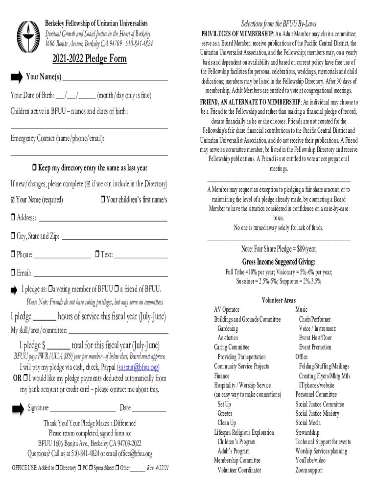 Fillable Online 2019-2020 Pledge Form Unitarian Universalist ...