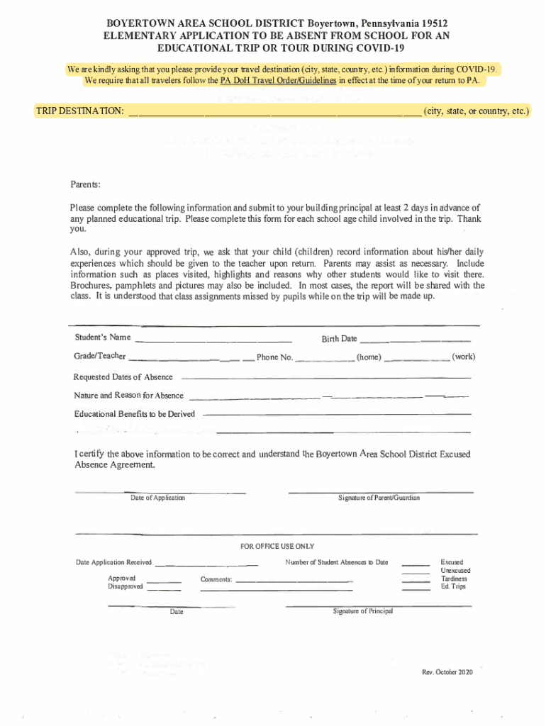 Fillable Online Return to School '20- '21 - Boyertown Area School District Fax Email Print ...