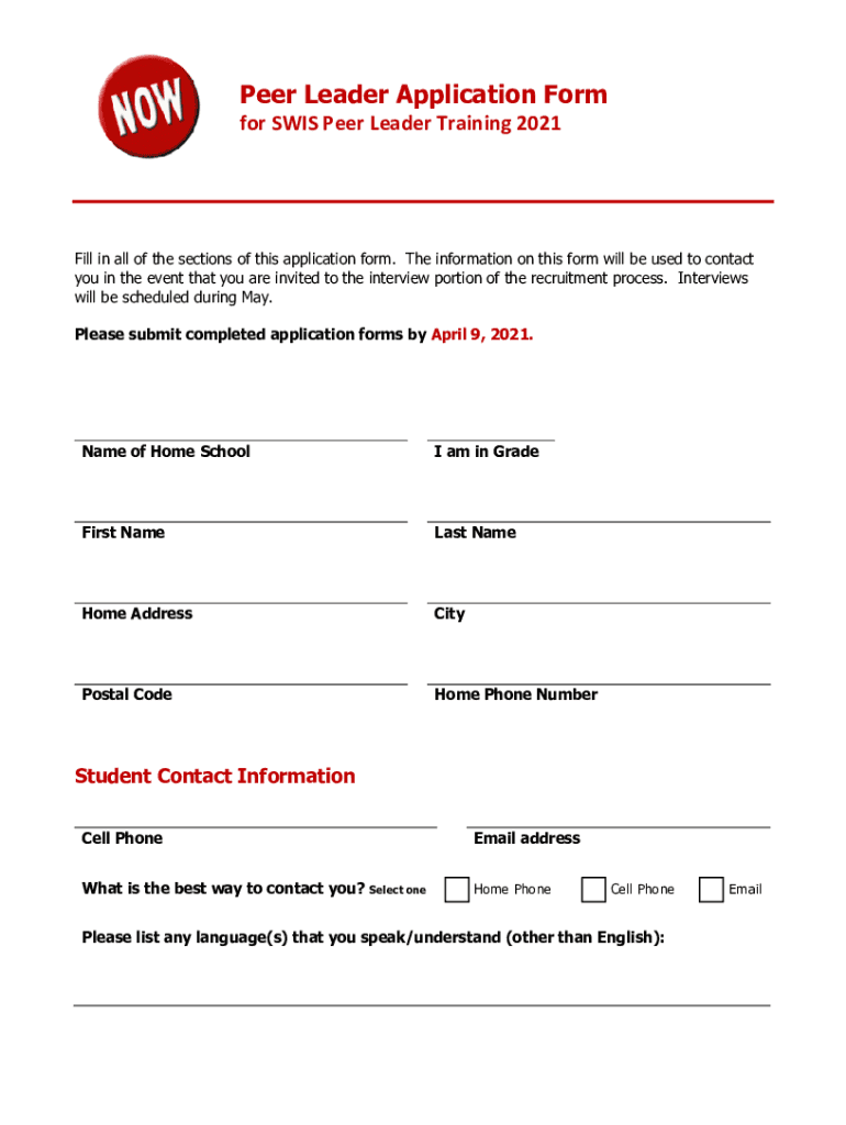 Fillable Online Peer Leader Application Form for SWIS Peer Leader ...