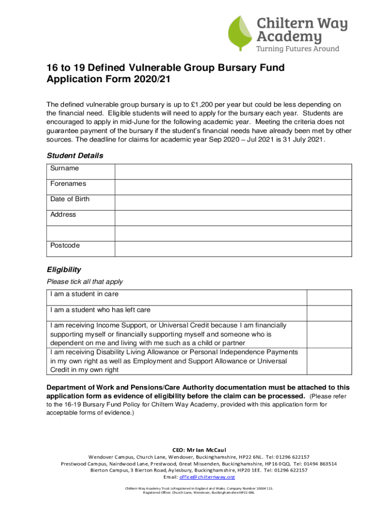 Fillable Online 16 to 19 bursary fund guide 2020 to 2021 academic year ... Fax Email Print ...