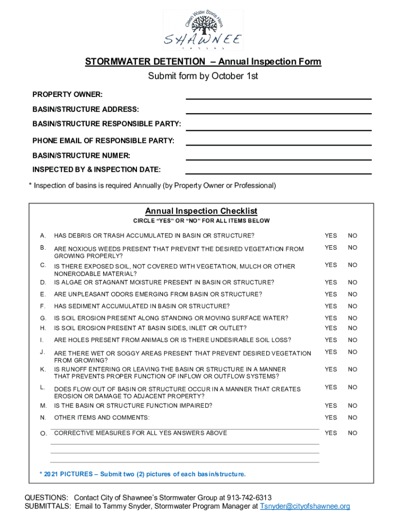 Fillable Online Stormwater Detention ANNUAL INSPECTION FORM.Rev 01.2021 ...
