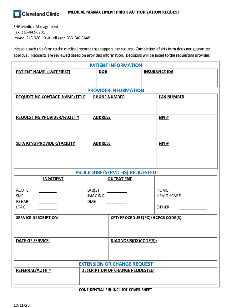 Fillable Online employeehealthplan clevelandclinic Prior Authorization Employee Health Plan ...