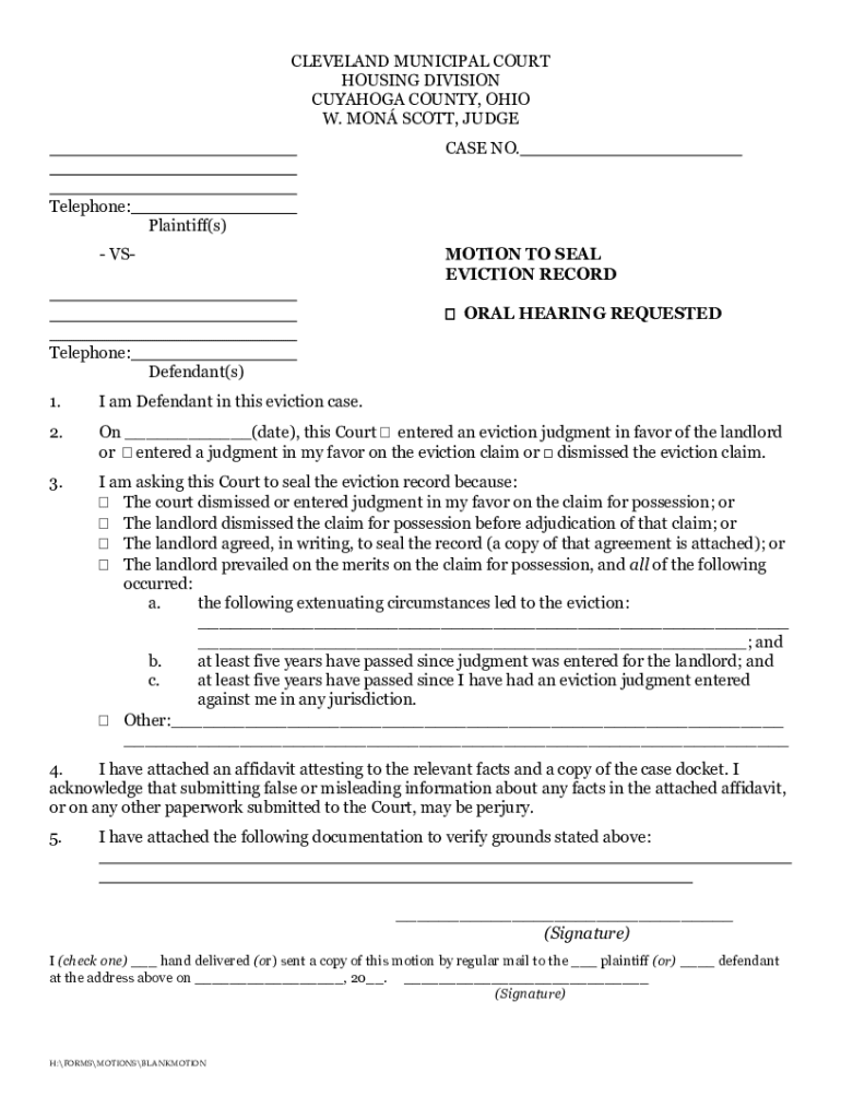 Fillable Online Fillable Online MOTION TO SEAL EVICTION RECORD ...
