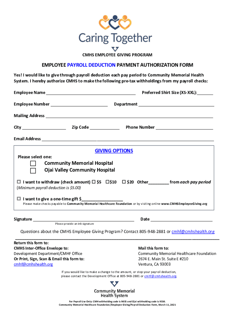 Fillable Online EMPLOYEE PAYROLL DEDUCTION PAYMENT AUTHORIZATION FORM ...